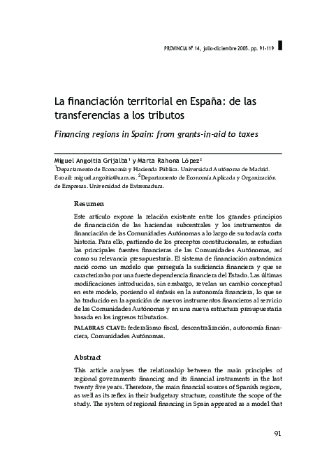 (PDF) La financiación territorial en España: de lastransferencias a los tributos