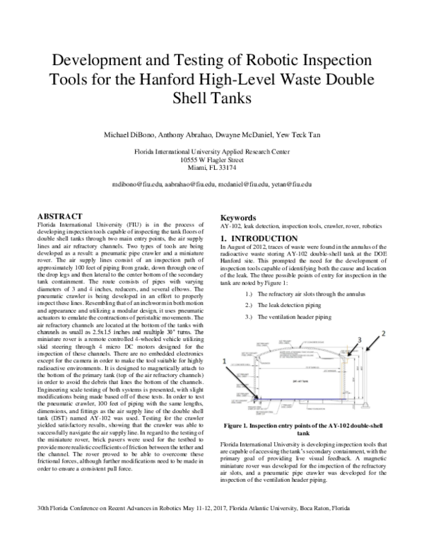 (PDF) Development and Testing of Robotic Inspection Tools for the ...