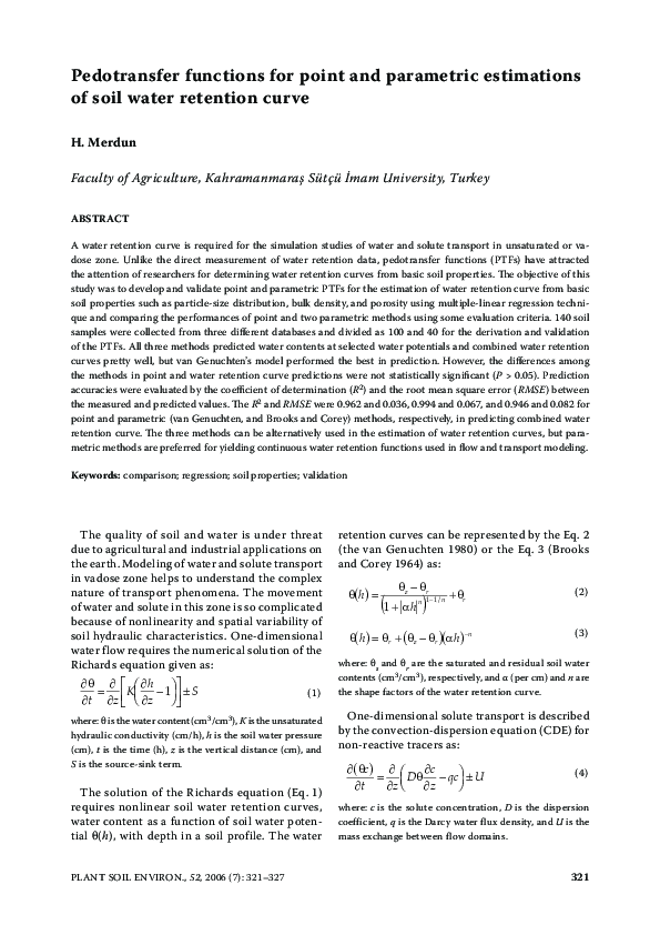 (PDF) Pedotransfer functions for point and parametric estimations of soil water retention curve