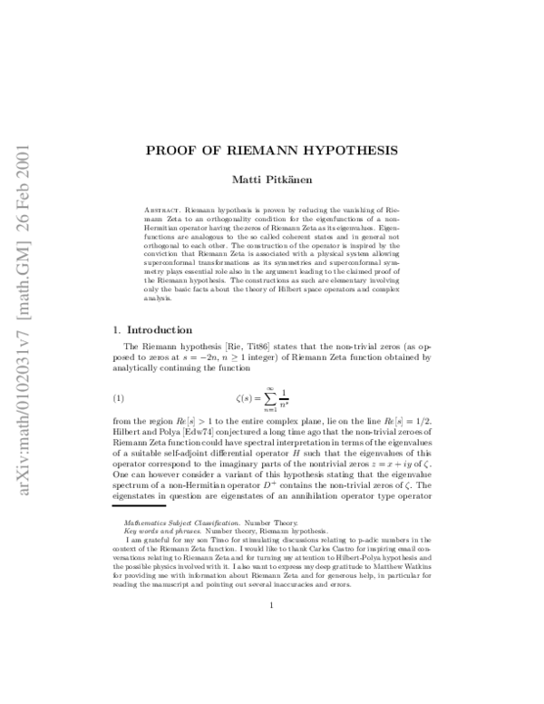 (PDF) Proof of Riemann Hypothesis | Matti Pitkänen - Academia.edu