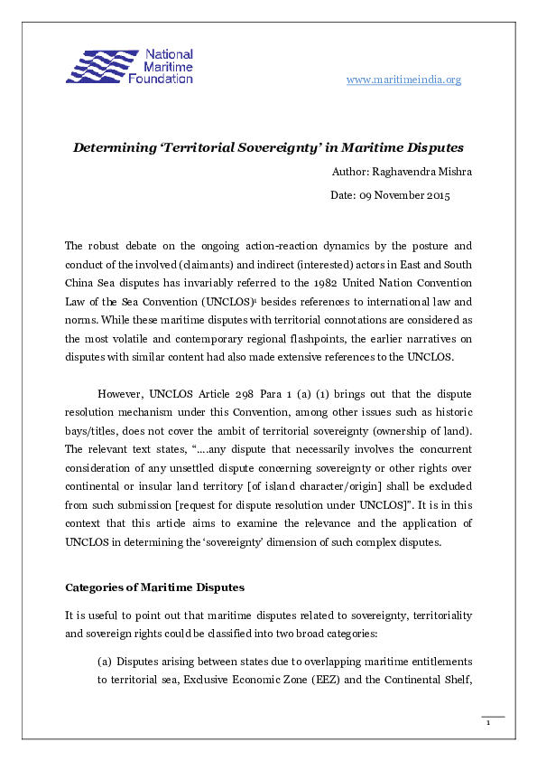 (PDF) Determining 'Territorial Sovereignty' in Maritime Disputes