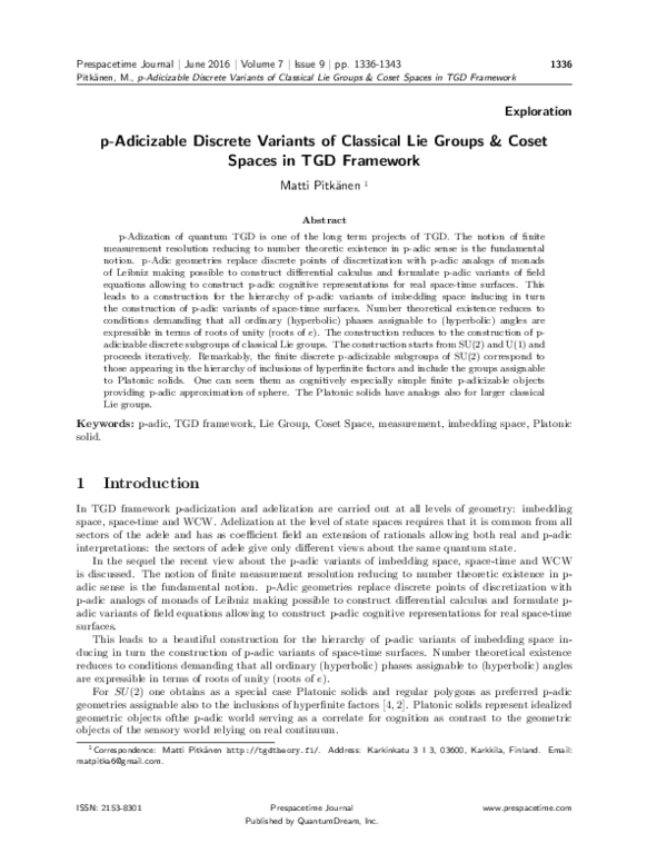 Pdf P Adicizable Discrete Variants Of Classical Lie Groups And Coset Spaces In Tgd Framework
