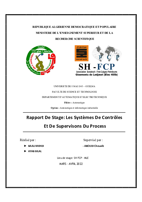 (PDF) Rapport de stage 2022 SH-FCP (GSE: Groupement SONATRACH-ENI )