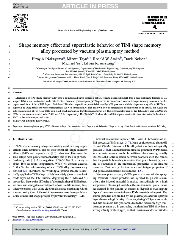 (PDF) Shape memory effect and superelastic behavior of TiNi shape ...