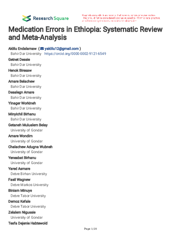 (PDF) Medication Errors in Ethiopia: Systematic Review and Meta-Analysis