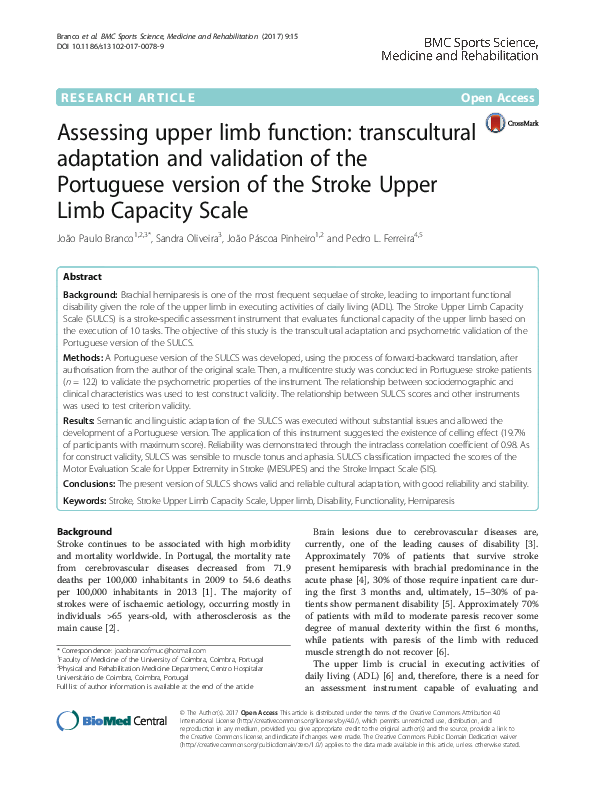 (PDF) Assessing upper limb function: transcultural adaptation and validation of the Portuguese ...