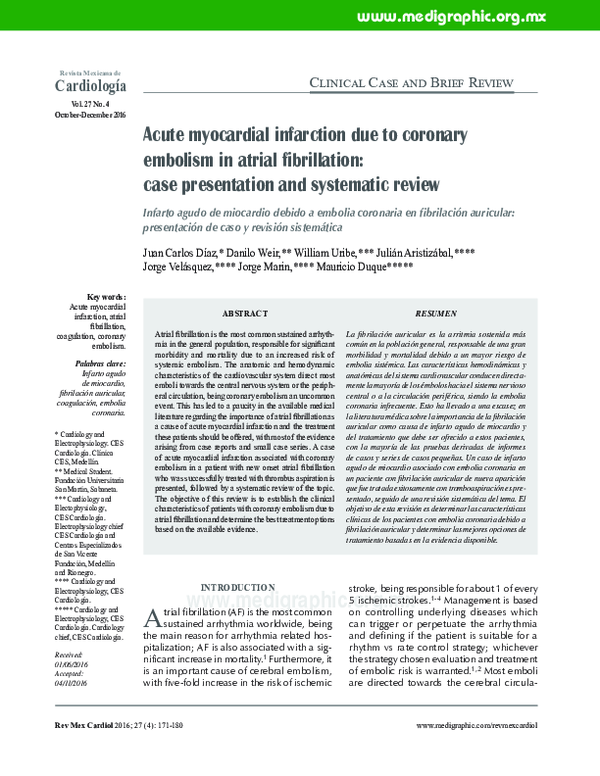 (PDF) Infarto agudo de miocardio debido a embolia coronaria en ...