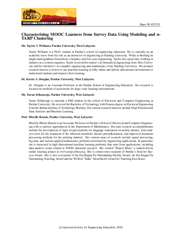 (PDF) Characterizing MOOC Learners from Survey Data Using Modeling and n-TARP Clustering