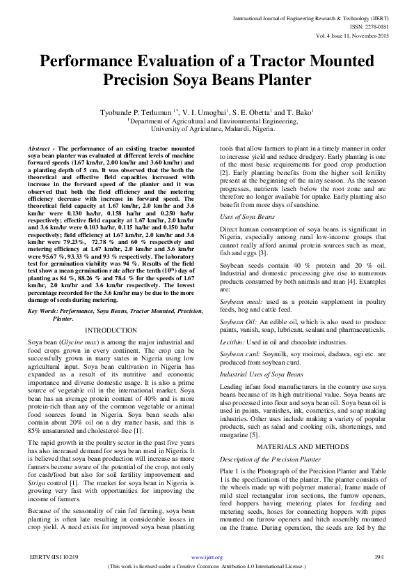 (PDF) Performance Evaluation of a Tractor Mounted Precision Soya Beans Planter