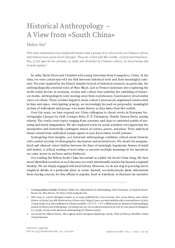 (PDF) Historical Anthropology: A View from »South China«