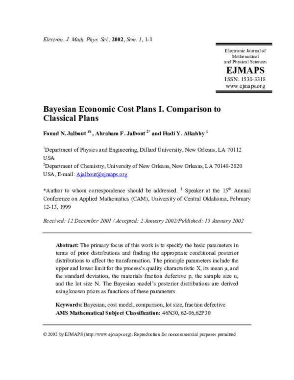 (PDF) Bayesian Economic Cost Plans I. Comparison to Classical Plans