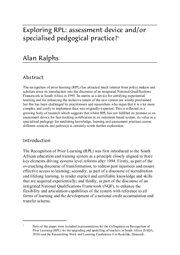 (PDF) Exploring RPL: assessment device and/or specialised pedgogical ...