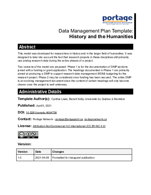 (PDF) Data Management Plan Template: History and the Humanities