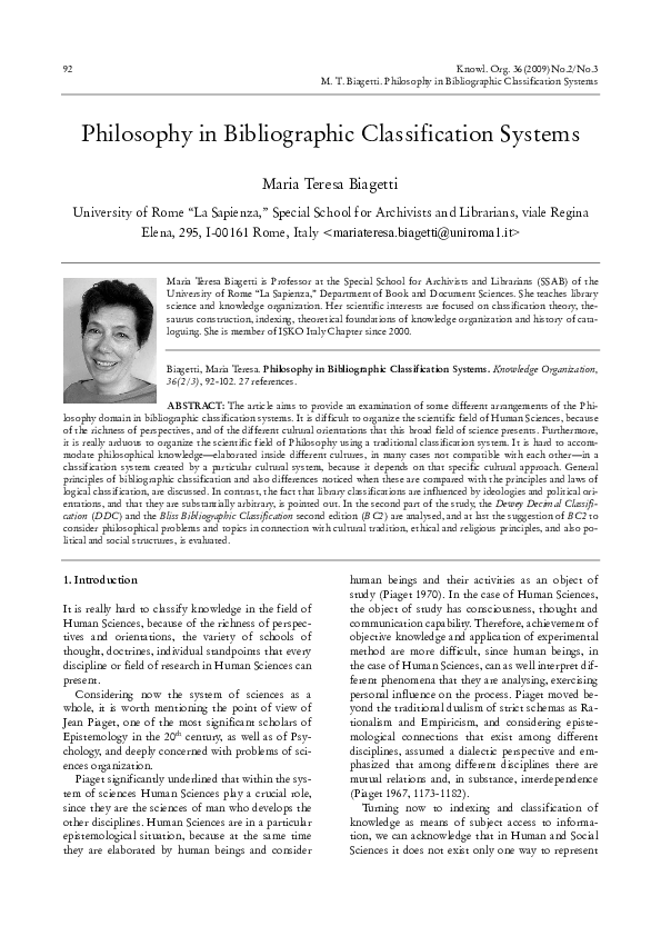 (PDF) Philosophy in Bibliographic Classification Systems