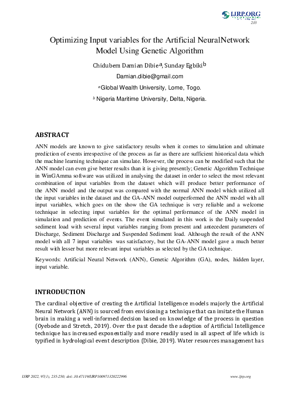 (PDF) Optimizing Input variables for the Artificial Neural Network Model Using Genetic Algorithm