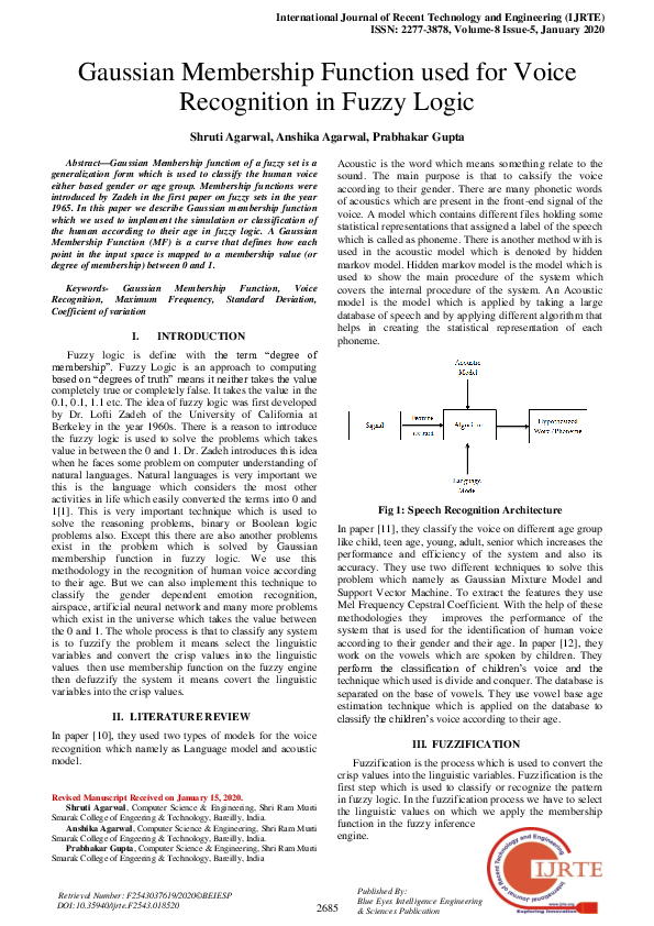 (PDF) Gaussian Membership Function Used For Voice Recognition In Fuzzy Logic