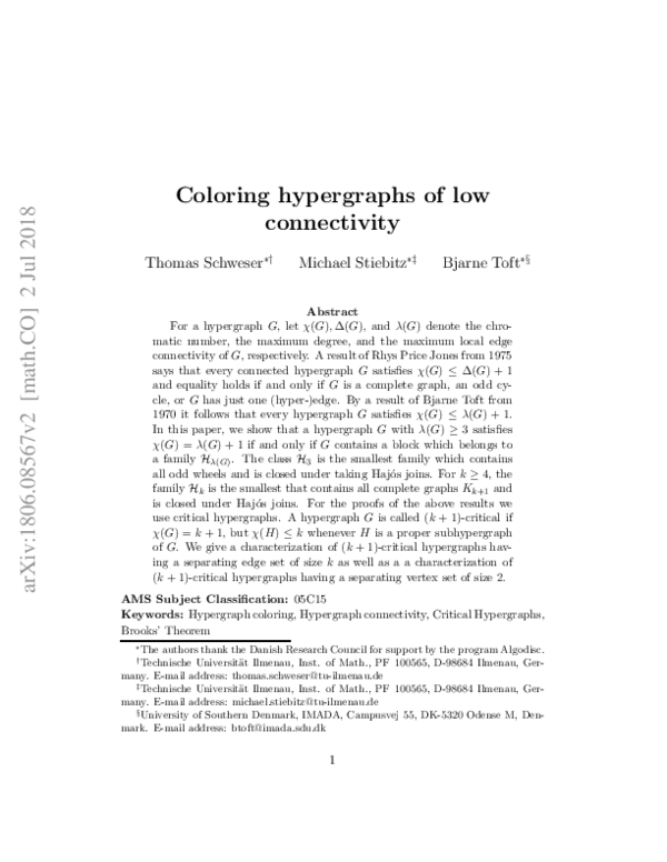 (PDF) Coloring hypergraphs of low connectivity