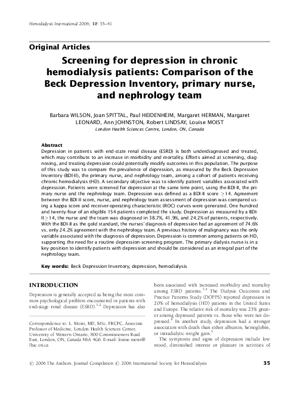 (PDF) Screening for depression in chronic hemodialysis patients ...