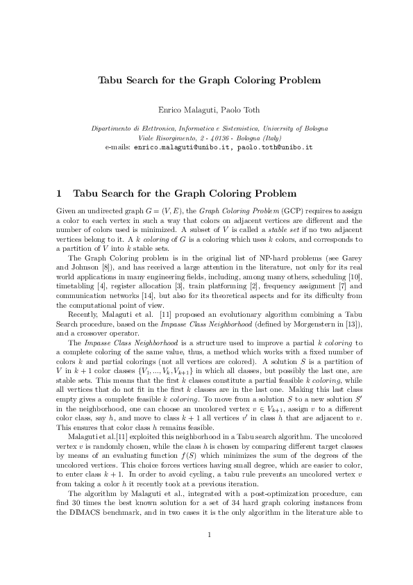 (PDF) Tabu Search for the Graph Coloring Problem