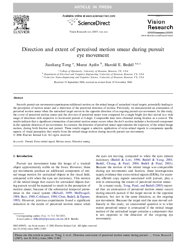 (PDF) Direction and extent of perceived motion smear during pursuit eye ...