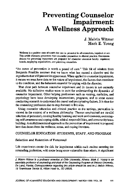 (PDF) Preventing Counselor Impairment: A Wellness Approach