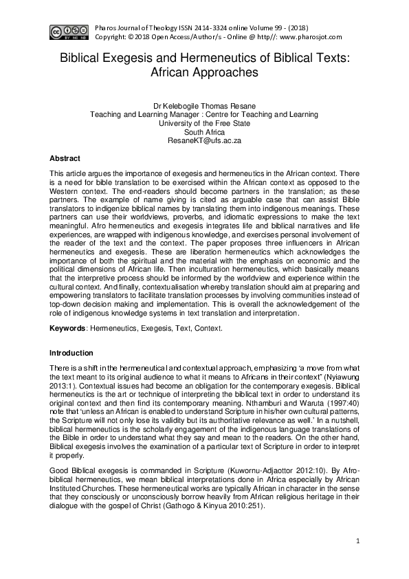 Pdf Biblical Exegesis And Hermeneutics Of Biblical Texts African