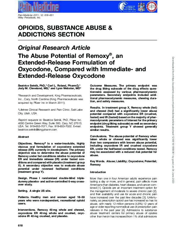 (PDF) The abuse potential of Remoxy® an extended-release formulation of ...