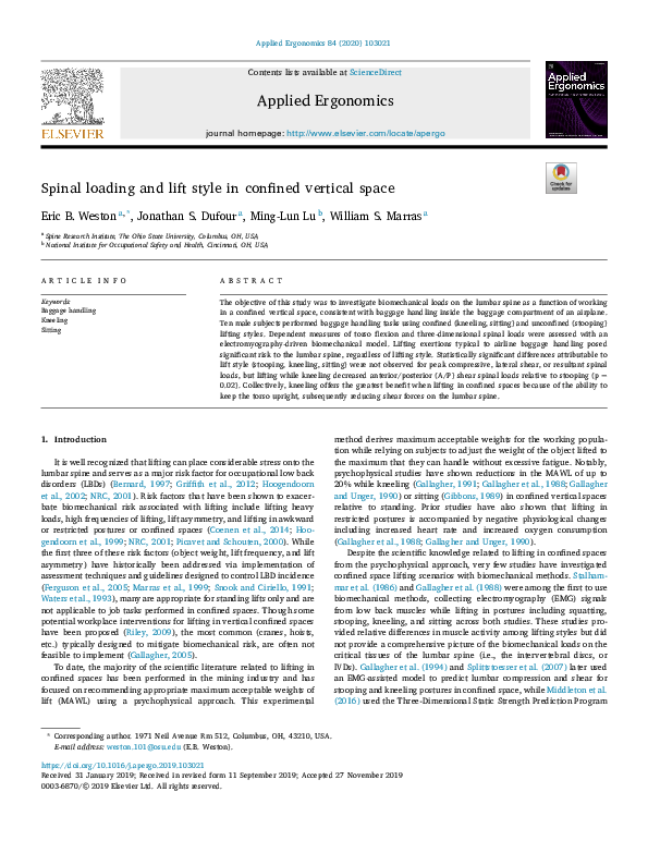 (PDF) Spinal loading and lift style in confined vertical space