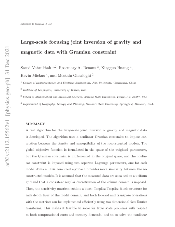 Pdf Large Scale Focusing Joint Inversion Of Gravity And Magnetic Data With Gramian Constraint