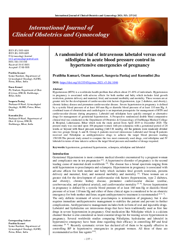 (PDF) Intravenous Labetalol vs Oral Nifedipine in Pregnancy Hypertension (PDF) Intravenous Labetalol vs Oral Nifedipine in Pregnancy Hypertension