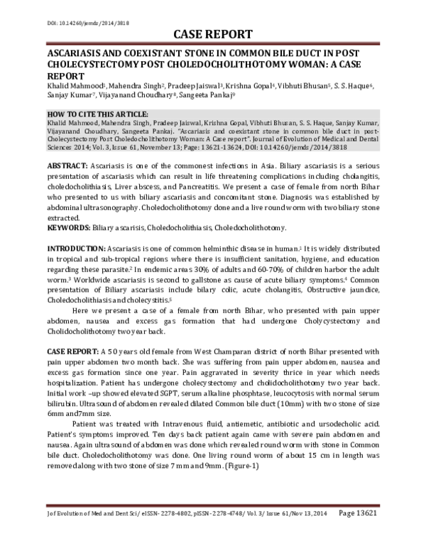(PDF) Ascariasis and Coexistant Stone in Common Bile Duct in Post ...