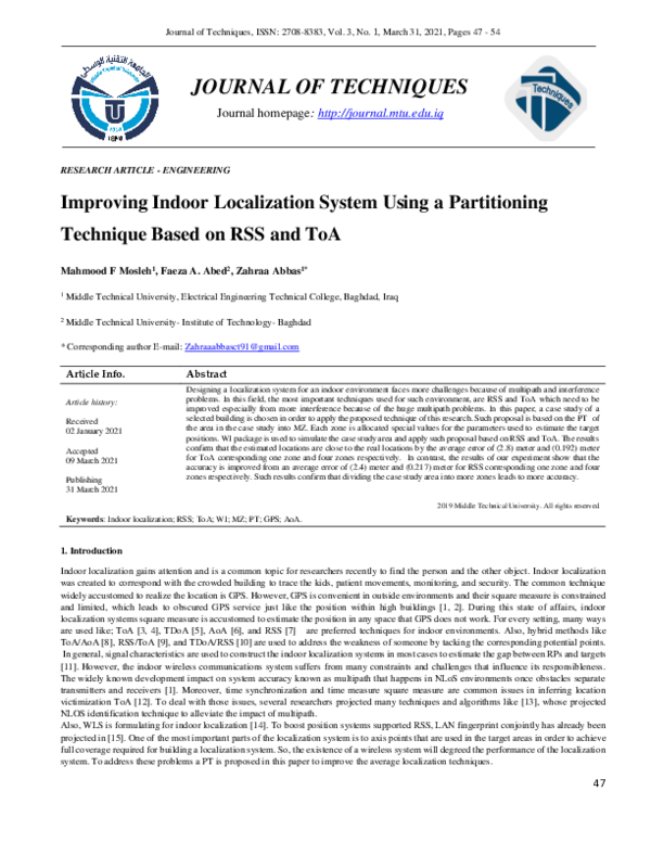 (PDF) Improving Indoor Localization System Using a Partitioning Technique Based on RSS and ToA