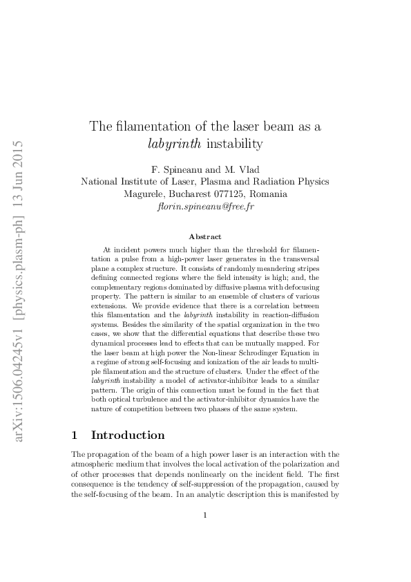 (PDF) The filamentation of the laser beam as a labyrinth instability ...