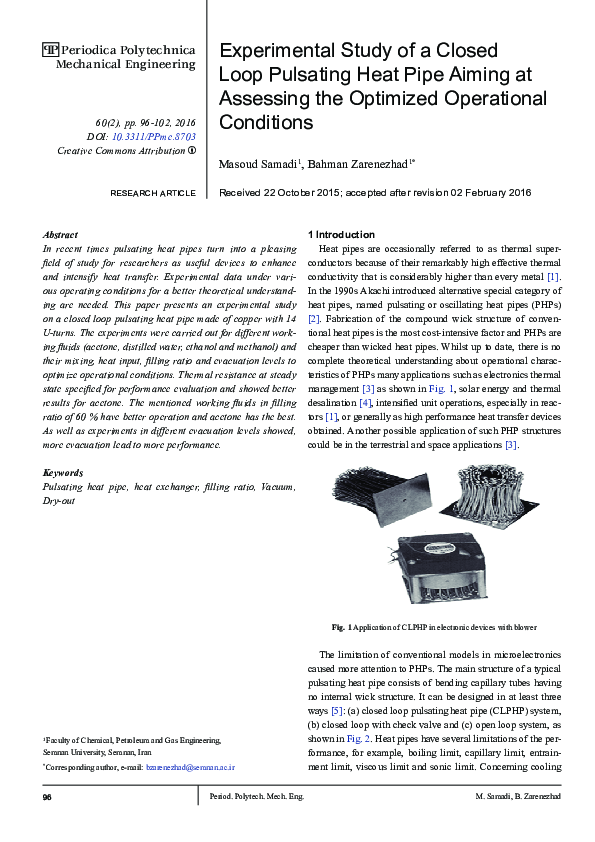 (PDF) Experimental Study of a Closed Loop Pulsating Heat Pipe Aiming at Assessing the Optimized ...