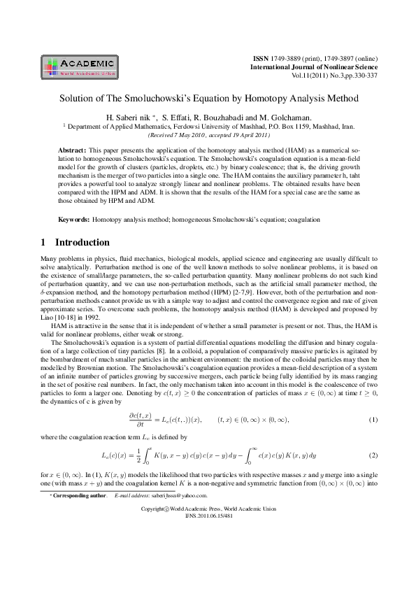 (PDF) Solution of The Smoluchowski’s Equation by Homotopy Analysis Method