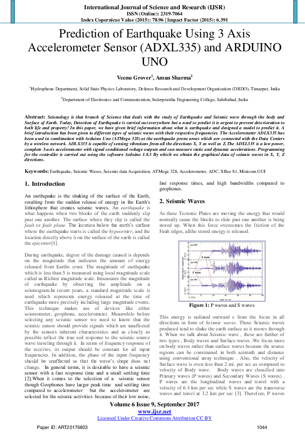 Pdf Prediction Of Earthquake Using 3 Axis Accelerometer Sensor Adxl 335 And Arduino
