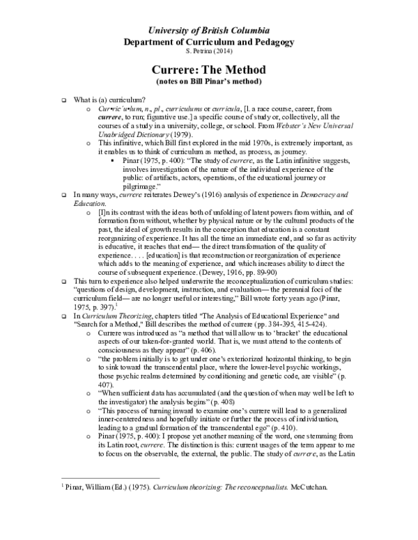 (PDF) Currere: The Method (notes on Bill Pinar’s method)