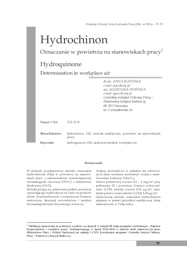 (PDF) Hydrochinon. Oznaczanie w powietrzu na stanowiskach pracy