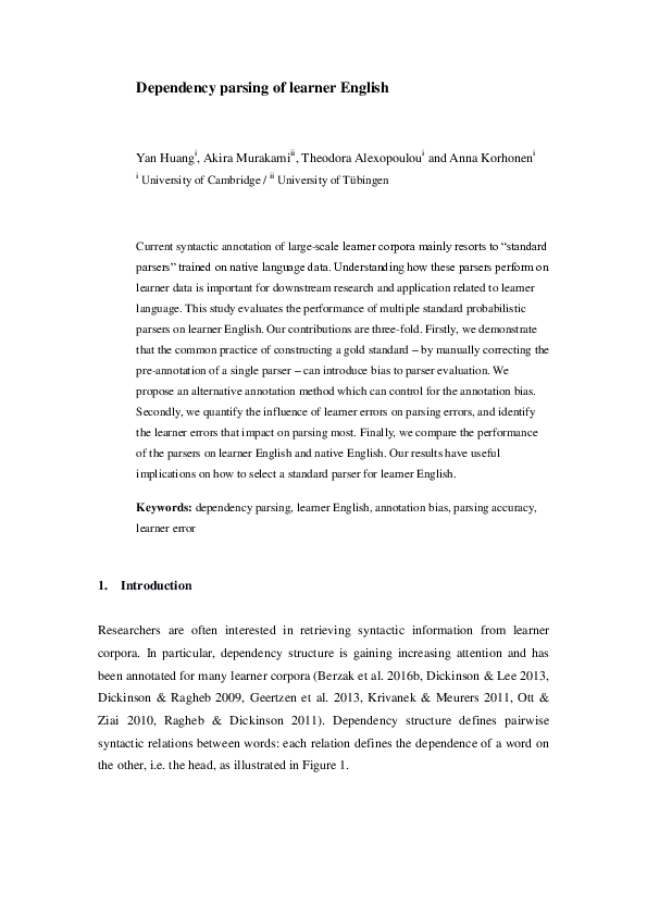 (PDF) Dependency parsing of learner English