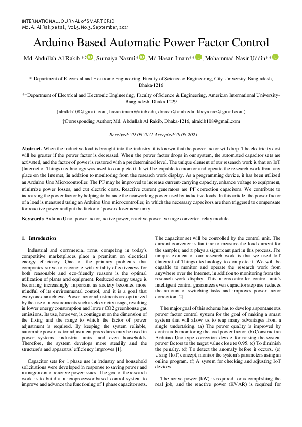 Pdf Arduino Based Automatic Power Factor Control Sumaiya Nazmi