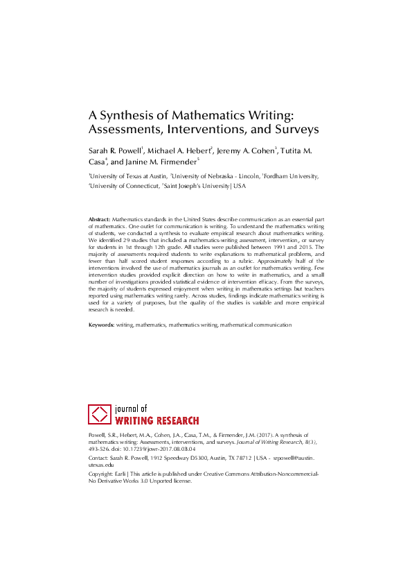 (PDF) A Synthesis of Mathematics Writing: Assessments, Interventions ...