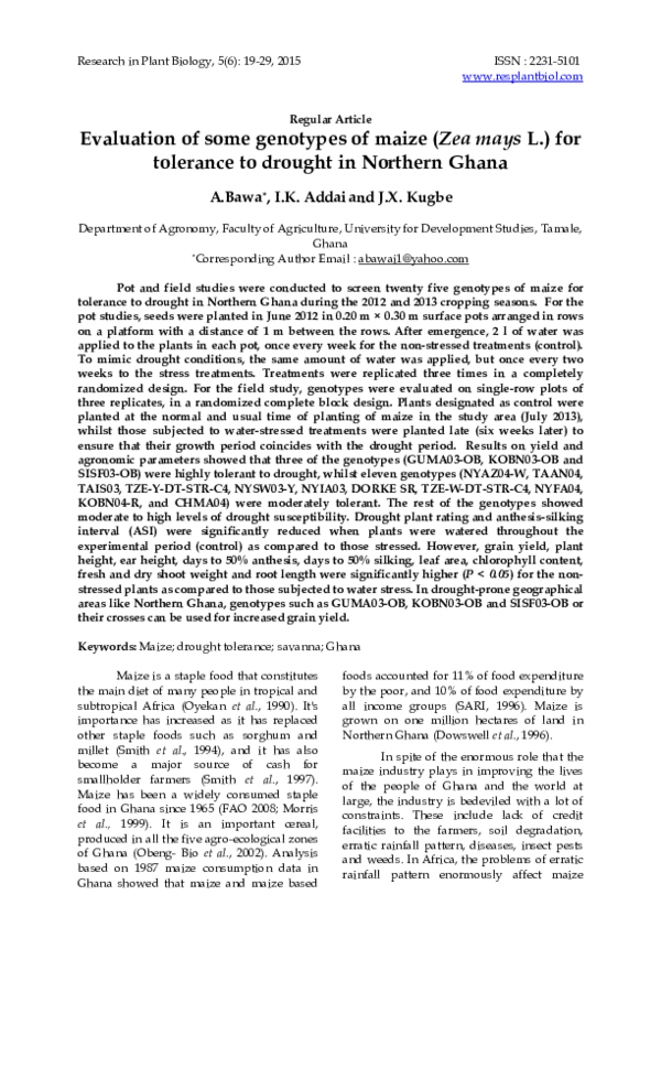 (PDF) Evaluation of Some Genotypes of Maize Zea Mays L for Tolerance to ...
