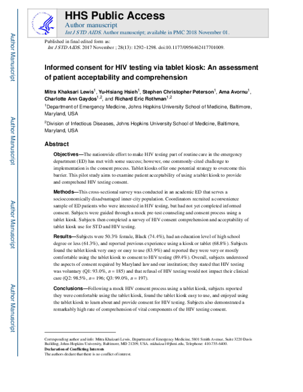 (PDF) Tablet Kiosk for HIV Testing Consent: Patient Study