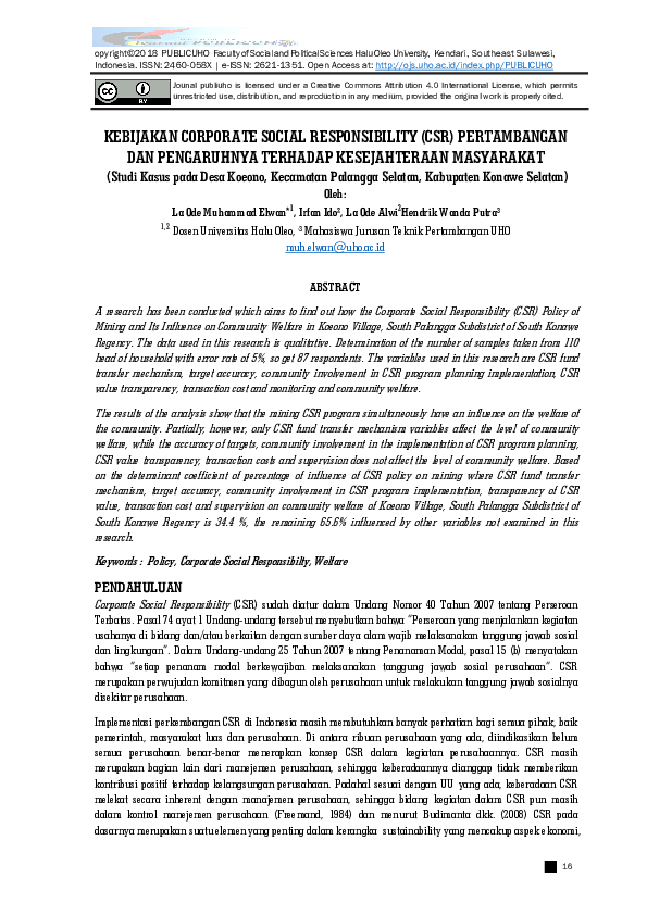 (PDF) KEBIJAKAN CORPORATE SOCIAL RESPONSIBILITY (CSR) PERTAMBANGAN DAN PENGARUHNYA TERHADAP ...