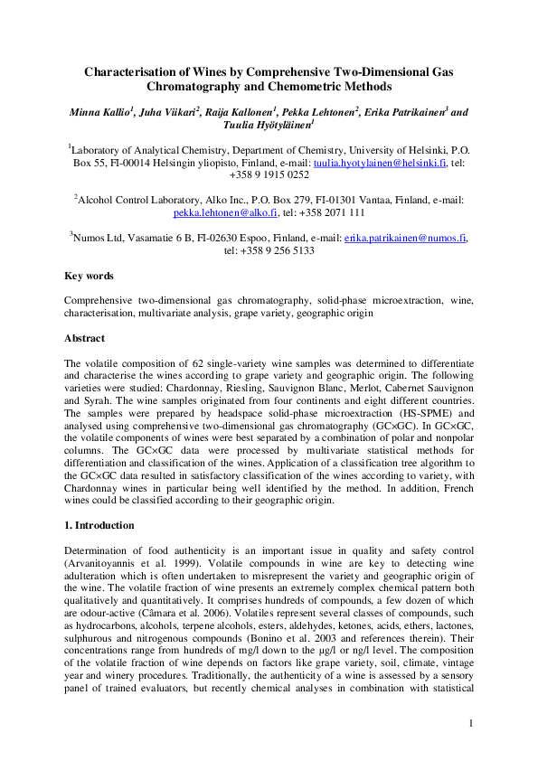 (PDF) Characterisation of Wines by Comprehensive Two-Dimensional Gas Chromatography and ...