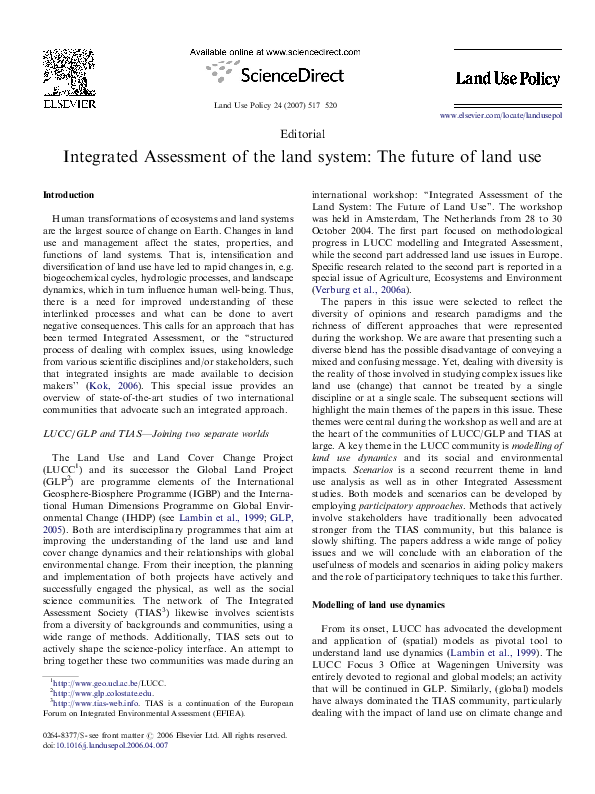 (PDF) Integrated Assessment of the land system: The future of land use