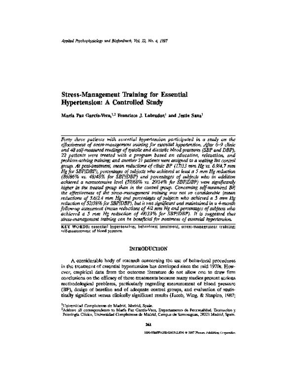 (PDF) Stress-management training for essential hypertension: A ...