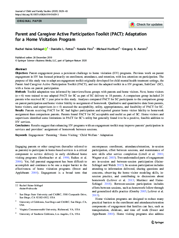 (PDF) Parent and Caregiver Active Participation Toolkit (PACT): Adaptation for a Home Visitation ...