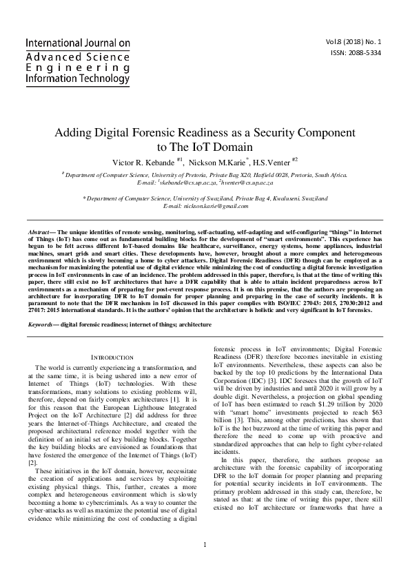 (PDF) Adding Digital Forensic Readiness as a Security Component to the IoT Domain