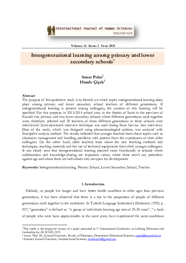 (PDF) Intergenerational learning among primary and lower secondary schools